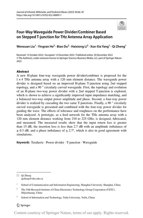 Four Way Waveguide Power Divider Combiner Based On Stepped T Junction For Thz Antenna Array
