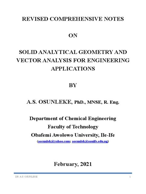Analytical Solid Geometry And Vector Analysis For Engineering