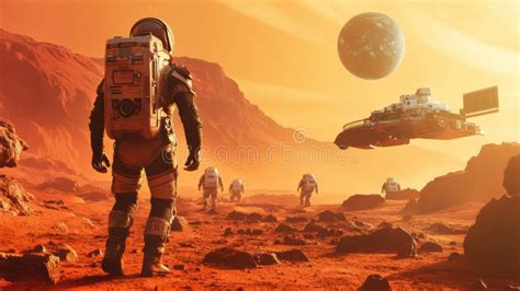 A Team Of Astronauts Stands On The Martian Surface Observing Their Spacecraft And The Planetary