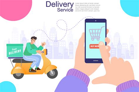 배달 개념 스마트 폰에서 주문과 함께 온라인으로 배달 하는 남자 전화 평면 디자인 스타일을 통해 소셜 네트워크에서 쇼핑 벡터 그림입니다 개념에 대한 스톡 벡터 아트 및 기타