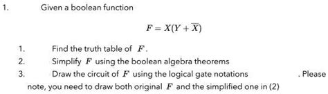 Given Boolean Function F Xy X Find The Truth Table Of F Simplify