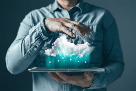 Man Hold Cloud Computing System Diagram Show On Handdata Storage Stock Image Image Of