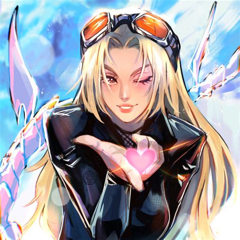 Safebooru 1girl Black Jacket Blonde Hair Blowing Kiss Blue Sky Bunnybelle22 Commentary English