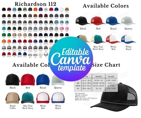 Editable Richardson 112 Color Chart And Size Chart Hat Canva Template 112 Color Chart Template