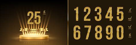 기념일 금상 연단 와 반짝이는 숫자 세트 템플릿 축하 생일 또는 희년 황금 벡터 배경 빛나는 광선이 있는 럭셔리 무대 25번 텍스트 기념일이 있는 리본 0에 대한 스톡 벡터