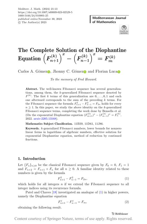 Pdf The Complete Solution Of The Diophantine Equation F N1 K X F N 1 K Xf M