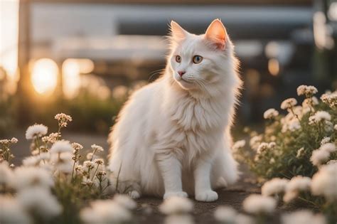 Premium Ai Image White Fluffy Cat With Blue Eyes Walking On A Field