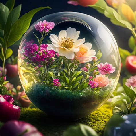 Glass Bubble Ball With Beautiful Flowers Inside Generative Ai Stock