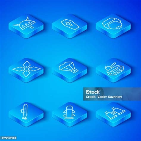 세트 라인 잠수함 낙하산 로켓 군용 탱크 헬멧 일본 닌자 수리검 바이킹 뿔 및 쌍안경 아이콘으로 비행하는 상자 벡터 3차원 형태에 대한 스톡 벡터 아트 및 기타 이미지