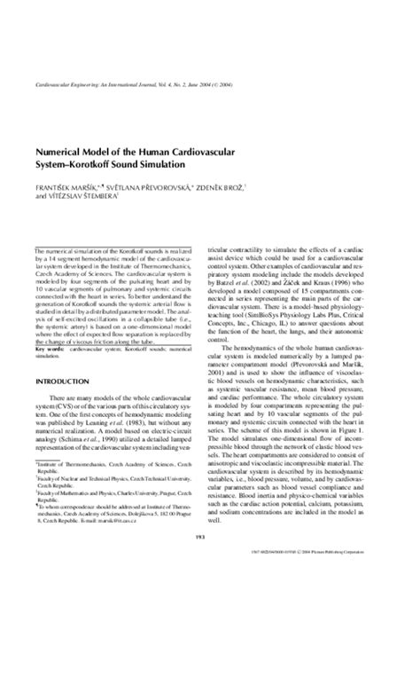 Pdf Numerical Model Of The Human Cardiovascular System Korotkoff