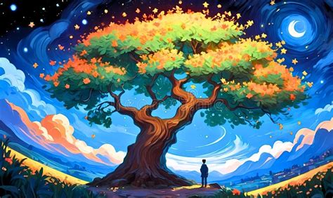 Starry Night Dreamscape With Autumn Tree And Village View Stock