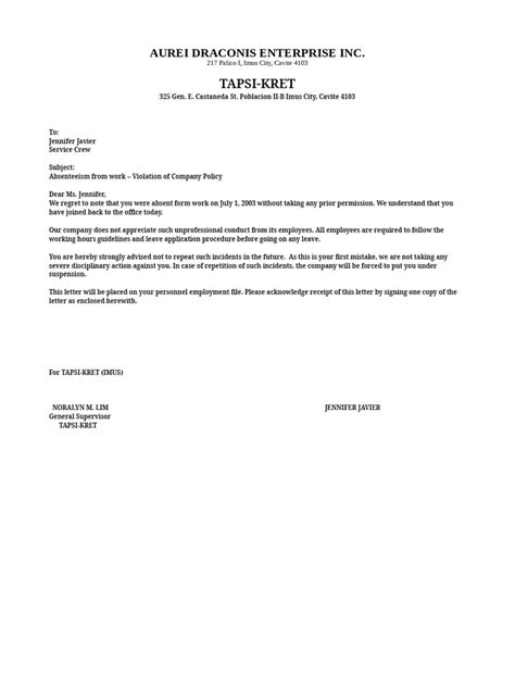 Ts Memorandum Jennifer Javier Absenteeism Pdf