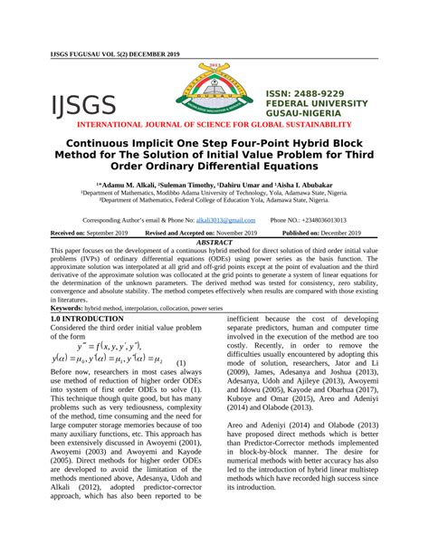Pdf Continuous Implicit One Step Four Point Hybrid Block Method For The Solution Of Initial