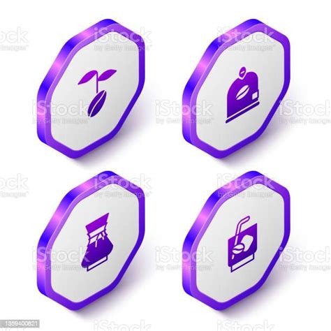 아이소메트릭 커피 원두 백 커피 메이커 위에 붓고 에스프레소 강장제 아이콘을 설정합니다 보라색 육각 버튼 벡터 3차원 형태에