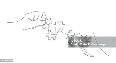 퍼즐 조각 퍼즐을 푸는 손의 연속 선 그리기 퍼즐 조각을 연결하는 손 비즈니스 매칭 팀워크 개념 문제 해결의 비즈니스 은유 전략을 위한 하나의 선 그리기 라인아트에 대한