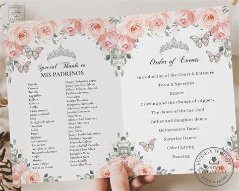 Blush Pink Floral Silver Butterflies Quinceañera Program Printable