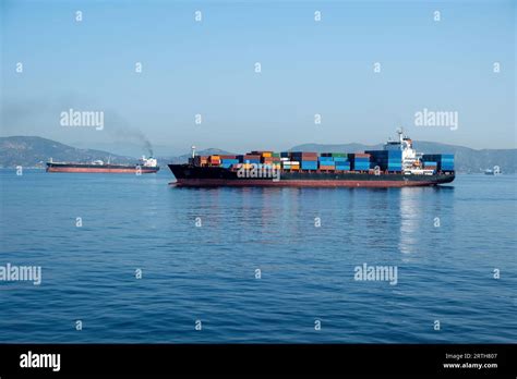 Container Cargo Ship Loaded Moored In Mediterranean Sea Greece Storage And Carry Of Heavy