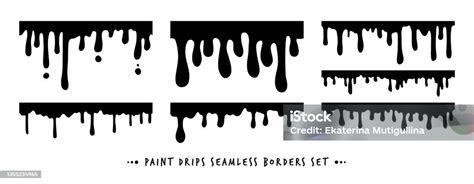 원활한 페인트 떨어지는 테두리 컬렉션 블랙 벡터 물 오일 페인트 혈액 잉크 또는 녹은 초콜릿 드립 실루엣 세트 흰색 배경에 액체 얼룩 추상 스플래터 디자인 요소 연속무늬에