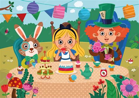 Алиса в стране чудес векторные иллюстрации Алиса Белый кролик и Безумный Шляпник на чаепитии