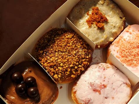 Delicious Assorted Various Of Donuts With Cream Powder Glazes And Toppings Stock Image Image