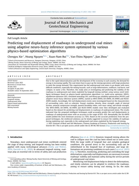 Pdf Predicting Roof Displacement Of Roadways In Underground Coal Mines Using Adaptive Neuro