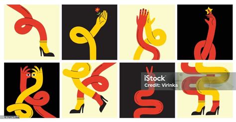 화려한 곡선 재미 꼬인 얽힌 다리와 손 다른 포즈의 그루비한 히피 세트 손으로 그린 벡터는 유행 그림을 색칠했다 플랫 디자인 강렬하고 밝은 색상에 대한 스톡 벡터 아트 및