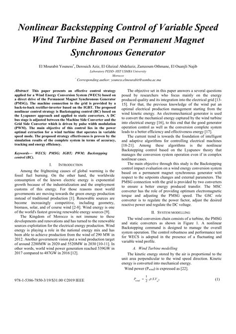 Pdf Nonlinear Backstepping Control Of Variable Speed Wind Turbine