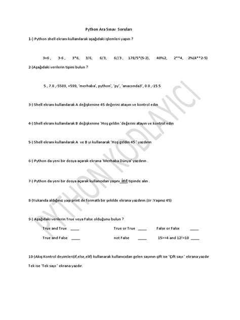 Python Ara Sınav Soruları Pdf
