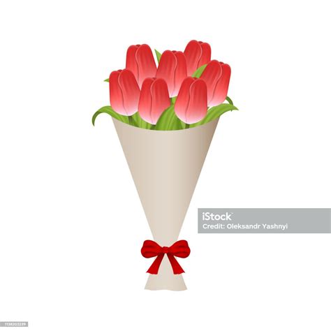 빨간 활과 종이에 빨간 튤립의 꽃다발 꽃의 선물 꽃다발입니다 흰색 배경에 고립 된 디자인에 대 한 벡터 일러스트 레이 션 꽃다발에 대한 스톡 벡터 아트 및 기타 이미지