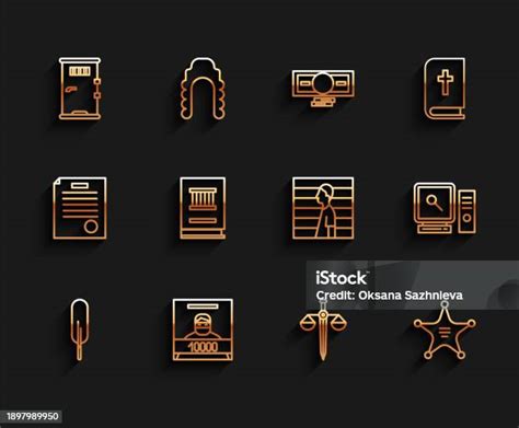 깃털 펜 현상 수배 포스터 감옥 문 정의의 저울 육각형 보안관 법률 책 컴퓨터 화면 검색 및 용의자 범죄자 아이콘을 설정합니다 벡터 개척시대의 서부에 대한 스톡 벡터 아트