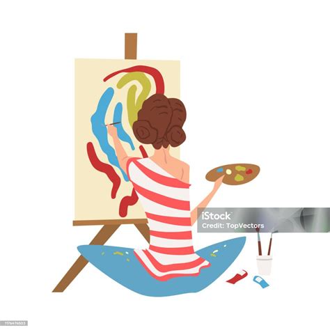 페인트 일상 생활에서 젊은 여자 공예 취미 또는 직업 벡터 일러스트와 이젤에 그리는 여성 예술가 캐릭터 독일에 대한 스톡 벡터 아트 및 기타 이미지 Istock