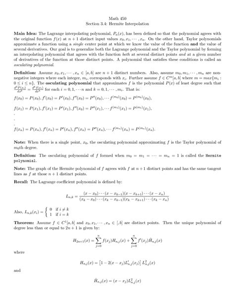 Hermite Interpolation And Osculating Polynomials Lecture Notes Pre Calculus Docsity