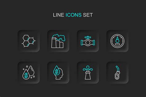 세트 라인 가솔린 펌프 노즐 석유 굴착 장치 달러 기호 모터 가스 게이지 파이프 밸브 산업 공장 및 분자 오일 아이콘이 있는