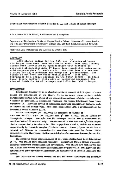 Pdf Isolation And Characteristics Of Cdna Clones For The A And Chains Of Human Fibrinogen