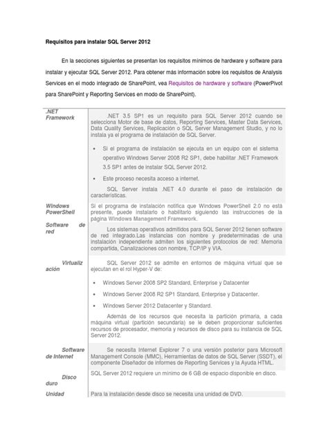 Requisitos Para Instalar Sql Server 2012 Pdf Servidor Sql De