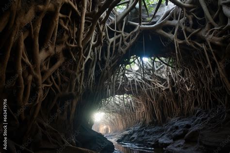 Snaking Roots From Above Ground Trees Penetrating A Cave Ceiling Stock Photo Adobe Stock
