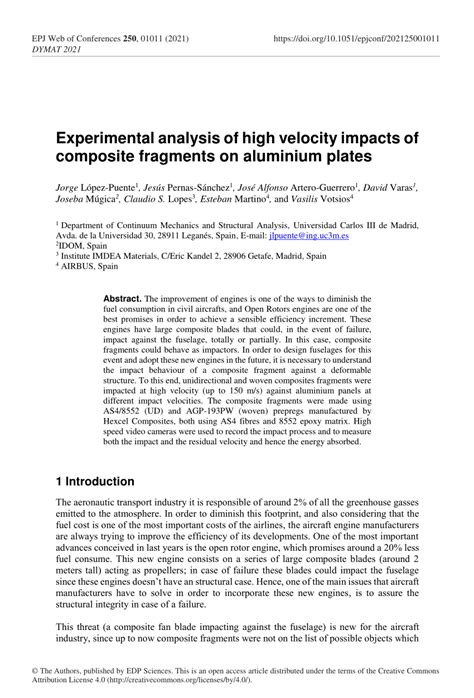 Pdf Experimental Analysis Of High Velocity Impacts Of Composite Fragments On Aluminium Plates