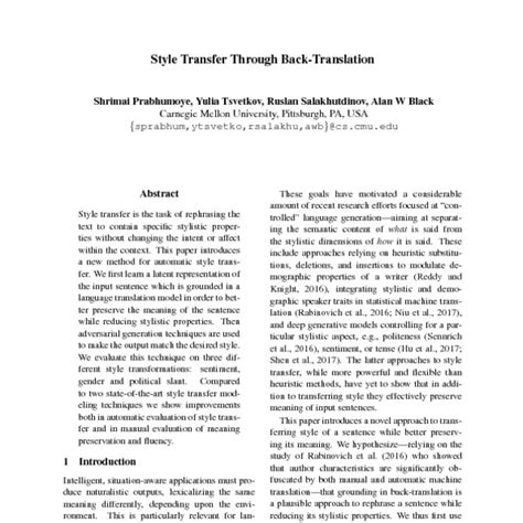 Style Transfer Through Back Translation Acl Anthology