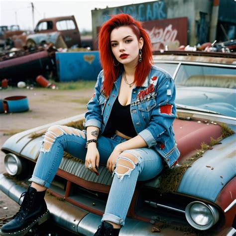 Red Haired Woman On Rusted Car In Junkyard