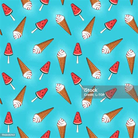완벽 한 패턴입니다 손으로 그린 아이스크림 및 푸른 바탕에 박 벡터 일러스트 과일에 대한 스톡 벡터 아트 및 기타 이미지 과일 귀여운 냉동식품 Istock