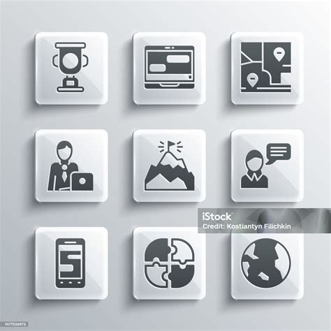 세트 퍼즐 조각 지구 지구 말풍선 채팅 깃발이 있는 산 전화 채팅 메시지 사업가 수상 컵 및 접힌 지도 위치 아이콘 벡터 기에