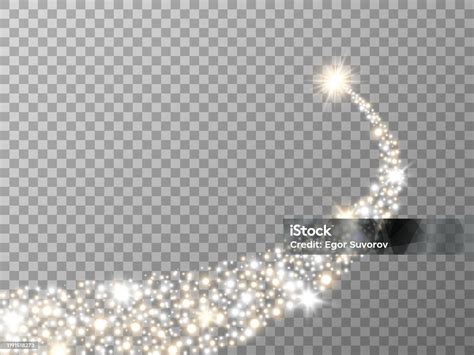 투명 한 배경에 빛나는 별입니다 금과 은 입자 스타 더스트와 반짝이는 혜성 밝은 꼬리 개념입니다 광고 포스터 배너를위한 고급