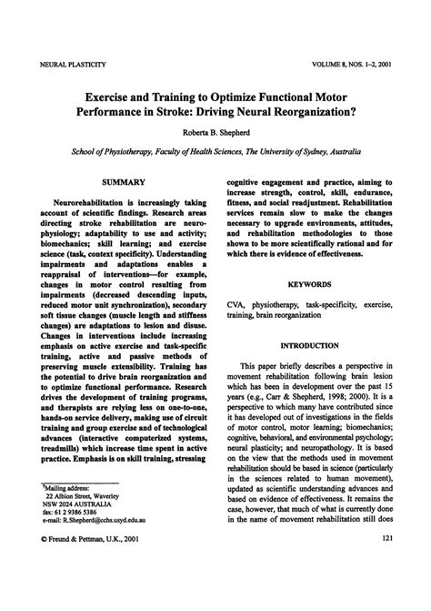 Pdf Exercise And Training To Optimize Functional Motor Performance In Stroke Driving Neural