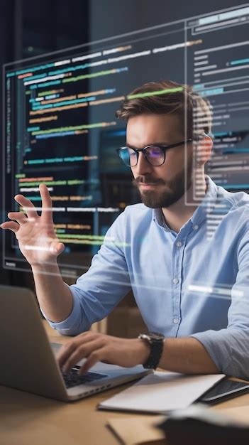 Portrait Of Male Coder Working On Holographic Screen That Shows Coding And Programming Lines