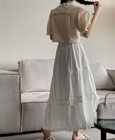 자수 레이스 허리밴딩 캉캉 롱스커트