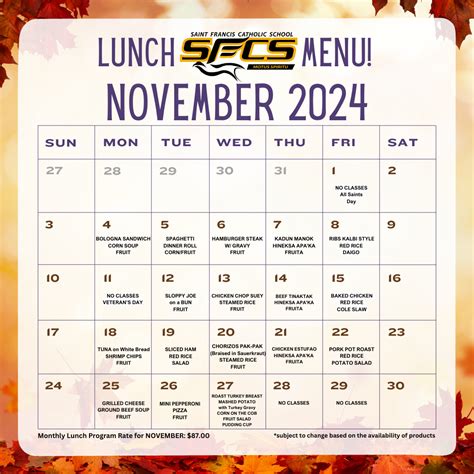 Saint Francis Catholic School November Lunch Menu Yona Guam