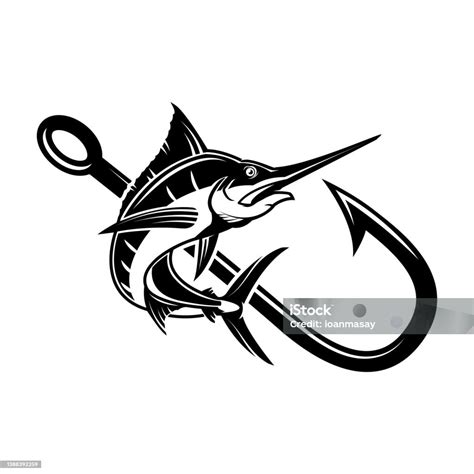 교차 낚시 후크와 칼 물고기 엠블럼 사인 포스터 티셔츠디자인 요소 벡터 일러스트레이션 돛새치과에 대한 스톡 벡터 아트 및 기타