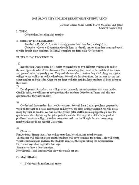 Comparing Numbers Lesson Plan Pdf Human Communication Cognition