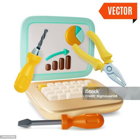 3d 수정 및 수리 개념 노트북 플로팅 펜치와 스크루 드라이버 만화 디자인 스타일 벡터 리노베이션에 대한 스톡 벡터 아트 및 기타 이미지 리노베이션 상징 컴퓨터