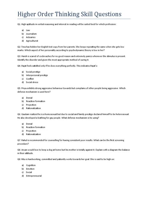 Higher Order Thinking Skill Questions Pdf Mental Disorder Anxiety